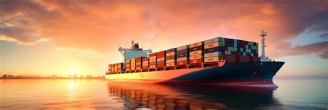 Container Ship On Ocean Business Logistic Import Export Transport Front View In Sunset Premium