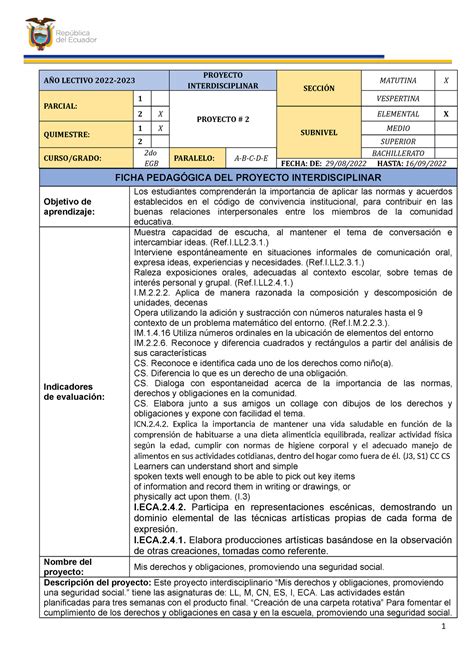Proyecto Interdisciplinario A O Lectivo Proyecto Interdisciplinar Secci N Matutina X