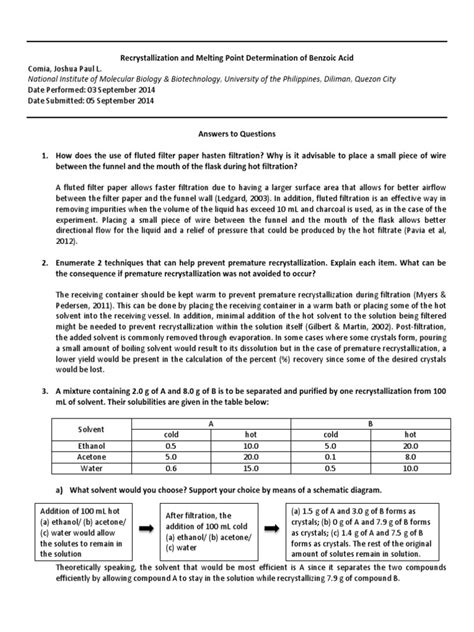 02 Recrystallization And Melting Point Determination Of Benzoic Acid Pdf Solvent Applied