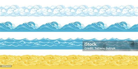 수평 해변 이음새가 없는 패턴 세트입니다 노란 모래 푸른 바다 파도와 구름 해변 디자인 요소 벡터 만화 그림입니다 파도에 대한 스톡 벡터 아트 및 기타 이미지 Istock
