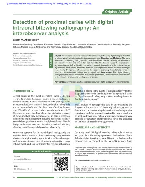 Pdf Detection Of Proximal Caries With Digital Intraoral Bitewing Radiography An Interobserver