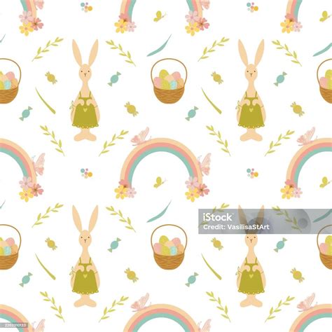 부활절 토끼와 색칠 된 달걀 나뭇 가지 무지개 바구니 아이들 디자인 훈장 카드를 위한 손으로 당겨진 이음새가 없는 패턴 0명에 대한 스톡 벡터 아트 및 기타 이미지 Istock