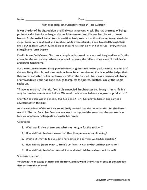 Reading Comprehension Worksheets High School Reading Comprehension