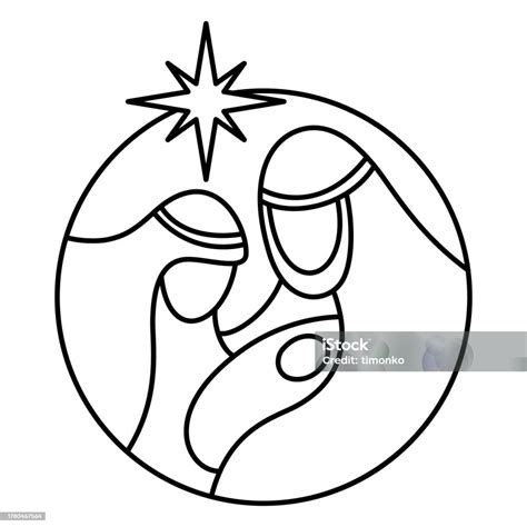 크리스마스 벡터 기독교 아이콘 아기 예수 요셉과 마리아와 별 종교 성탄 장면 라운드 로고 그림 스케치입니다 흰색 배경에 고립된