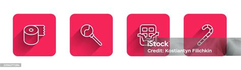 세트 라인 긴 그림자가 있는 화장지 롤 롤리팝 초콜릿 바 및 크리스마스 사탕 지팡이 빨간색 사각형 버튼 벡터 굴리기에 대한 스톡 벡터 아트 및 기타 이미지 Istock