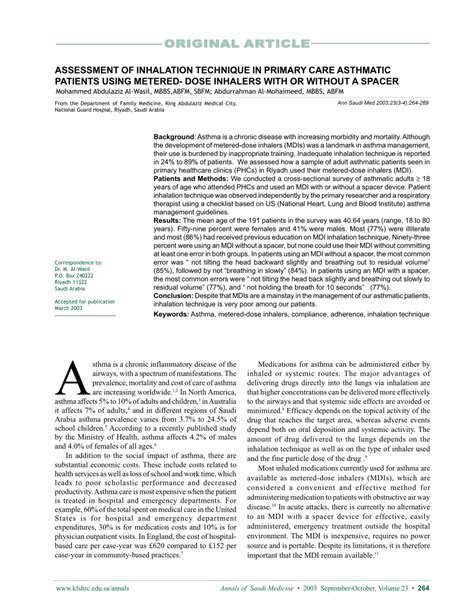 Pdf Assessment Of Inhalation Technique In Primary Care Asthmatic Patients Using Metered Dose