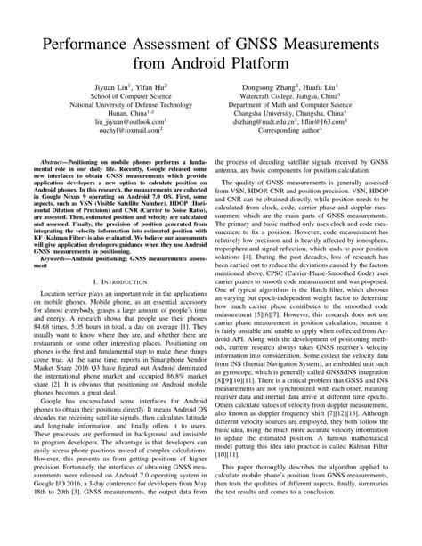 Pdf Performance Assessment Of Gnss Measurements From Android Platform