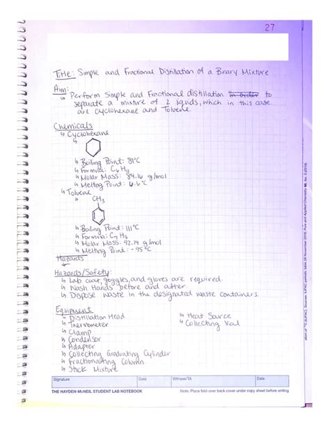 Chm 2210 Lab Experiment 1 Pre Lab Assignment 27 Title Simple And Fractional Distillation Of A