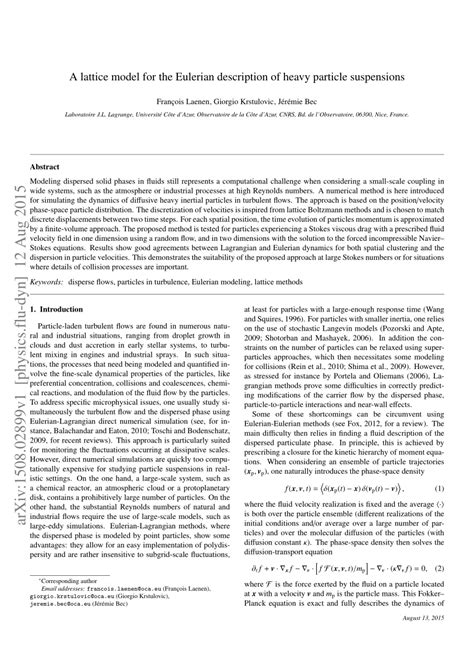 Pdf A Lattice Model For The Eulerian Description Of Heavy Particle Suspensions