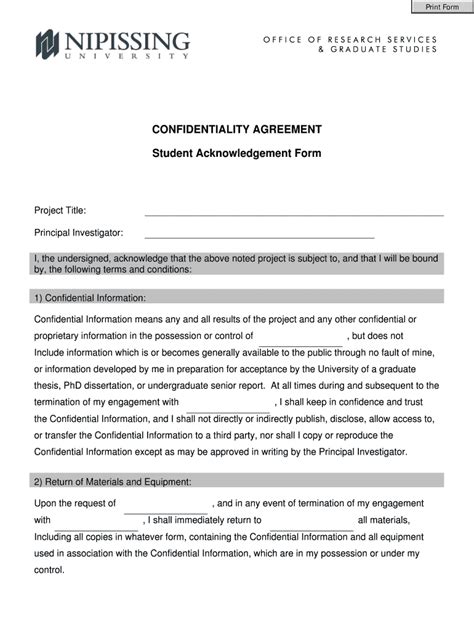 Fillable Online Nipissingu Student Acknowledgement Form Nipissing University Fax Email Print