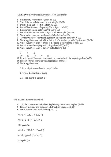 Unit 2 And Unit 3 Aaaaaaaaaaaaa Unit 2python Operators And Control Flow Statements List