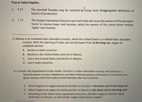 Solved True Or False Explain 1 T F The Leontief Paradox