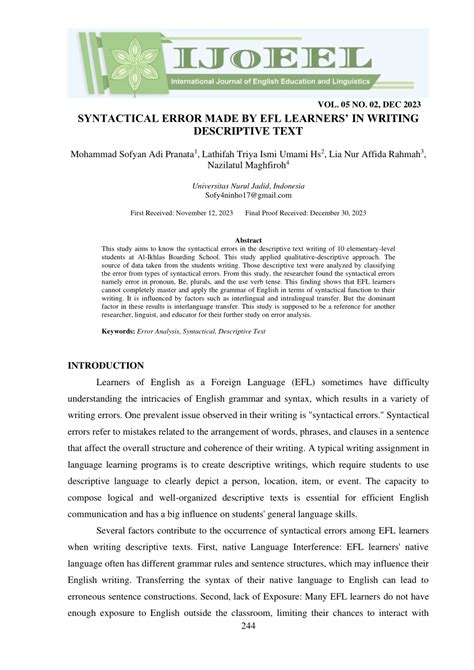 Pdf Syntactical Error Made By Efl Learners In Writing Descriptive Text