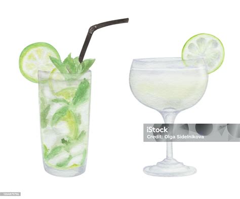 수채화 손으로 그린 모히토 칵테일에 빨대와 슬라이스 그린 라임 민트 칸막이 얼음을 곁들인 유리에 모히토 칵테일 레스토랑 카페에서 장식 메뉴에 대한 다과의 고립 된 클립 예술