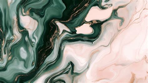 Swirling Liquid Marble Texture In Deep Emerald Green And Soft Blush