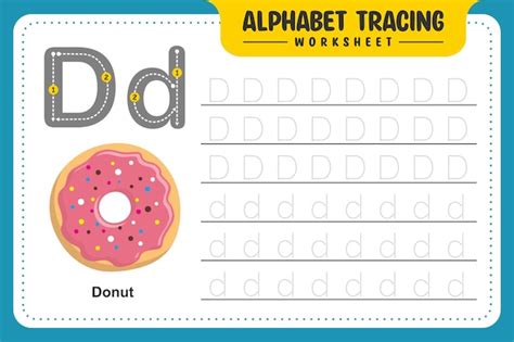 도넛에 대한 알파벳 추적 워크시트 문자 D 프리미엄 벡터