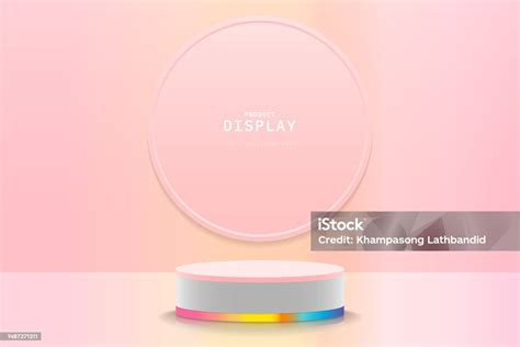 원형의 사실적인 3d 흰색 분홍색과 무지개 다채로운 실린더 연단 받침대 무대 모형을 위한 최소한의 장면 제품 발표를 위한 다채로운 무대 3d 벡터 렌더링 0명에 대한 스톡