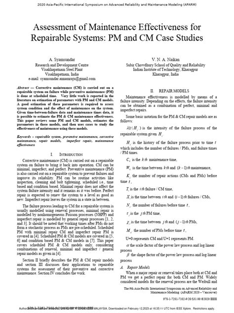 Assessment Of Maintenance Effectiveness For Repairable Systems Pm And