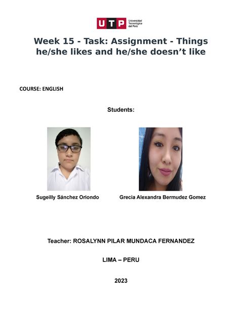 Week Task Assignment Things Heshe Likes And Heshe Doesnt Like Week Task