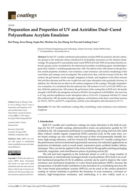 Pdf Preparation And Properties Of Uv And Aziridine Dual−cured Polyurethane Acrylate Emulsion