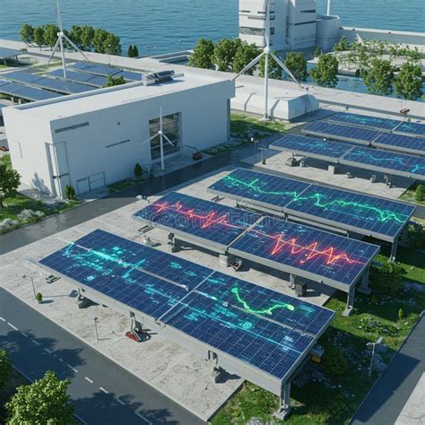 Modern Solar Energy Facility With Multiple Solar Panel Arrays Featuring Digital Graphs Stock