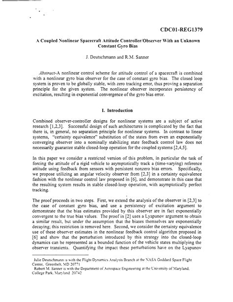 Pdf A Coupled Nonlinear Spacecraft Attitude Controller And Observer With An Unknown Constant