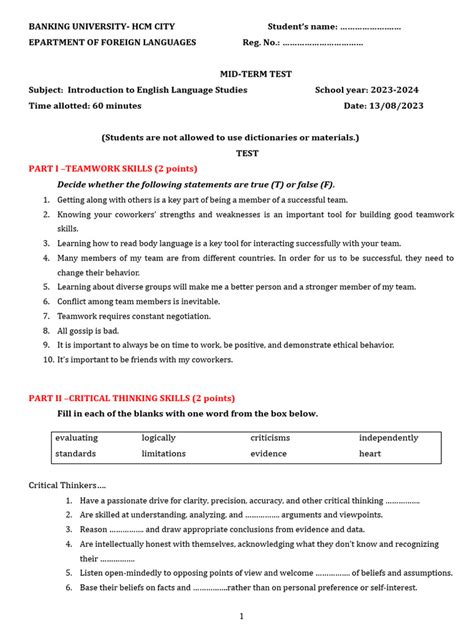 Midterm Test Pdf Critical Thinking Time Management