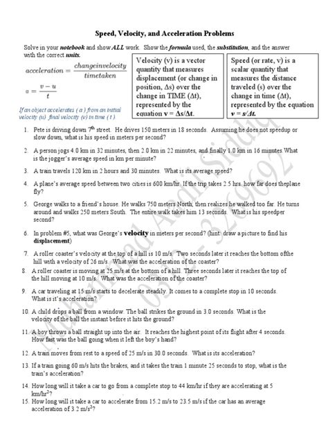 Speed Velocity And Acceleration Problems Pdf