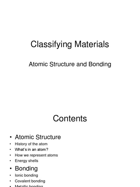 Classifying Materials Atomic Structure And Bonding Pdf Chemical