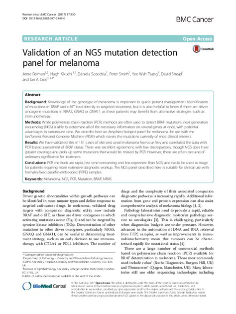 Pdf Validation Of An Ngs Mutation Detection Panel For Melanoma