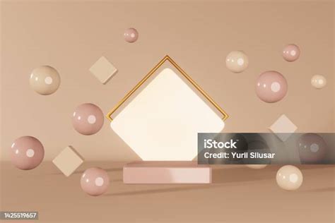 뉴트럴 베이지 큐브 포디움 스테이지 3d 렌더링 기하학적 광택 갈색 받침대 마케팅 프리젠 테이션 디자인 구성 0명에 대한 스톡 사진 및 기타 이미지 Istock