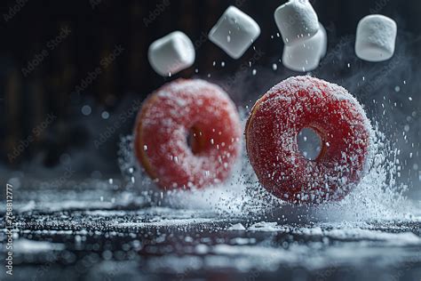 Falling Donuts And Soft Candy Sweet Symmetry Pink Donuts Stacked With Precision Sugary Serenade