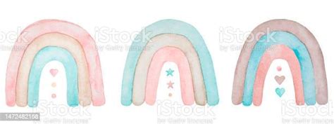 수채화 손으로 파스텔 색상의 귀여운 무지개를 그렸습니다 손으로 그린 Boho 디자인 요소 세트입니다 로고 아기 섬유 인쇄 보육