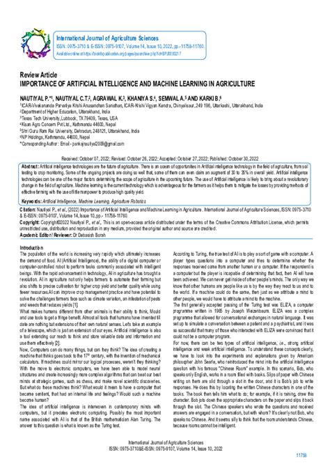 Pdf Importance Of Artificial Intelligence And Machine Learning In Agriculture