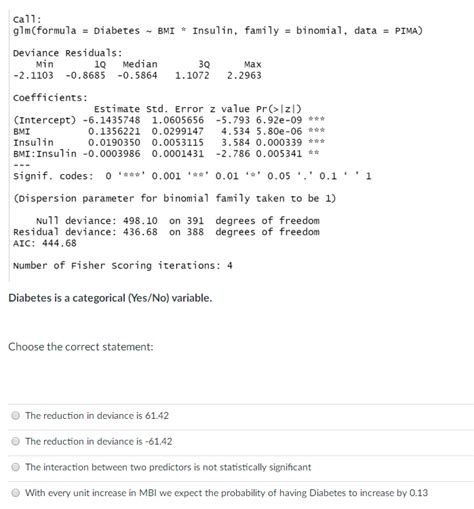 [solved] Call Glm Formula Diabetes ~ Bmi Insulin Fam