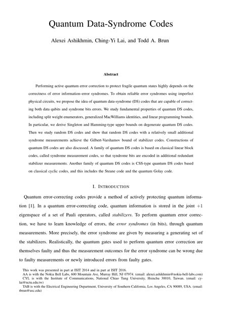 Pdf Quantum Data Syndrome Codes