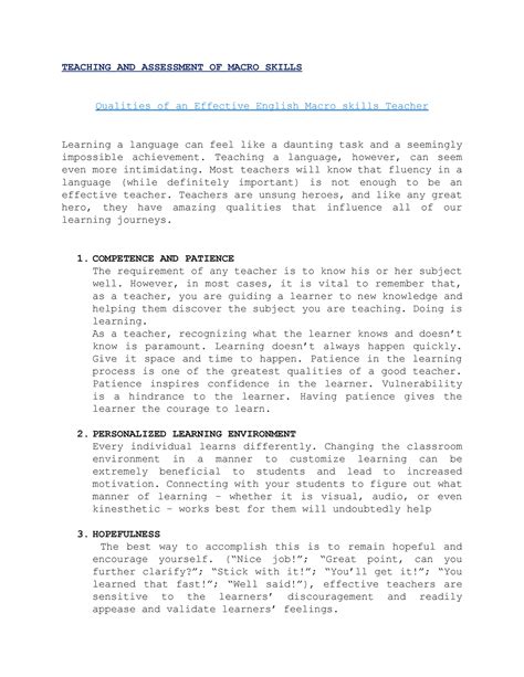 Teaching And Assessment Of Macro Skills Qualities Of An Effective English Macro Skills Teacher
