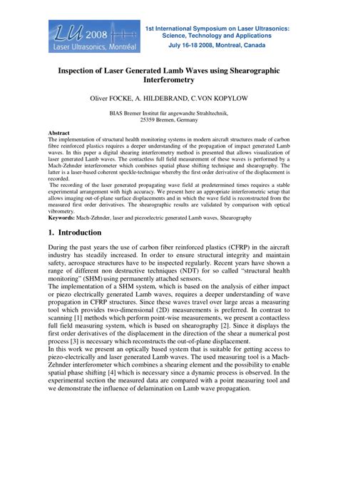 Pdf Inspection Of Laser Generated Lamb Waves Using Shearographic