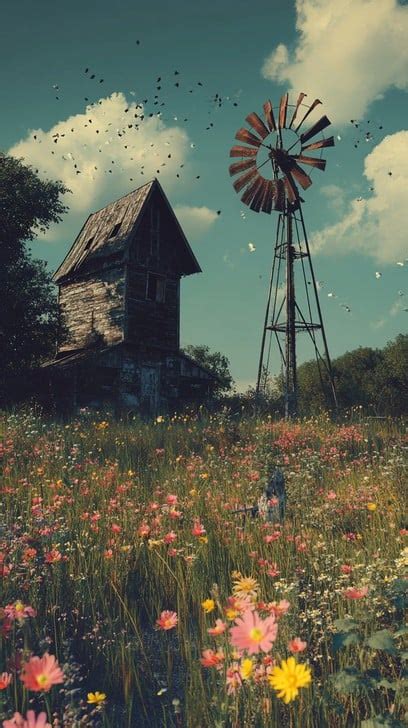 Free Rustic Windmill Charm Image Rustic Windmill Wildflowers