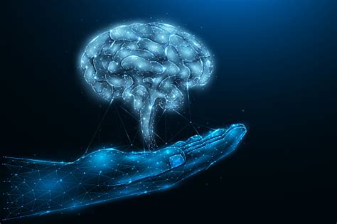 손바닥에 인간의 두뇌의 다각형 벡터 일러스트레이션 상상력 영감 지식 또는 사고 개념 예술 신경계 의료 배너 템플릿 또는 배경 개념에 대한 스톡 벡터 아트 및 기타 이미지