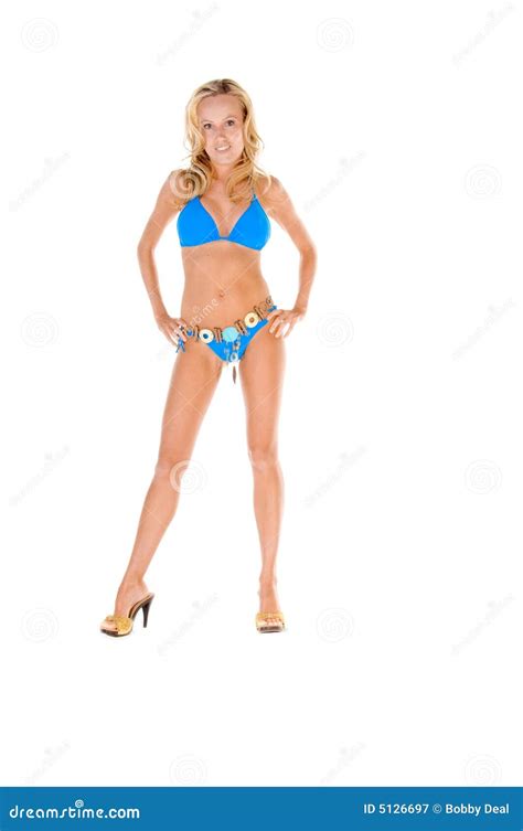 Blonde Woman In Blue Bikini And Heels Stock Image Image Of Young