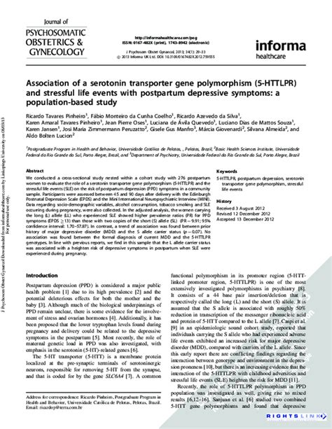 Pdf Association Of A Serotonin Transporter Gene Polymorphism 5 Httlpr And Stressful Life