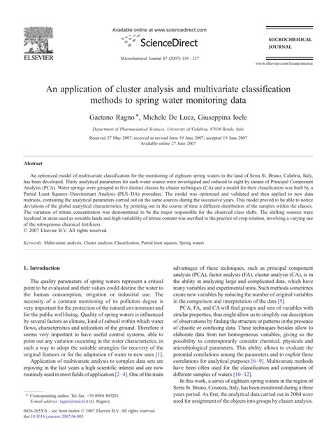 Pdf An Application Of Cluster Analysis And Multivariate Classification Methods To Spring Water