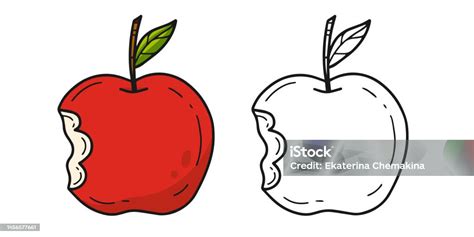 빨간 물린 사과 색칠하기 책과 아이들을위한 색칠의 예 사과와 색칠 페이지 흑백 및 컬러 버전 어린이 그림입니다 0명에 대한 스톡