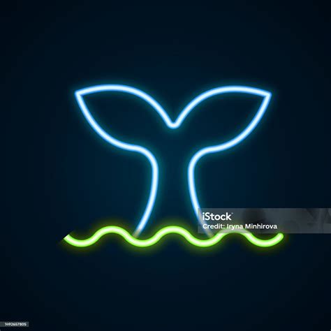 검은 색 배경에 고립 된 바다 파도 아이콘에 빛나는 네온 라인 고래 꼬리 다채로운 개요 개념 벡터 고래에 대한 스톡 벡터 아트 및 기타 이미지 Istock