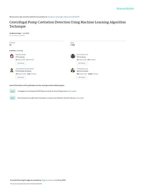 Centrifugal Pump Cavitation Detection Using Machine Learning Algorithm Technique Svm Pdf