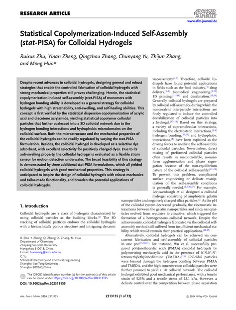 Statistical Copolymerization‐induced Self‐assembly Stat‐pisa For Colloidal Hydrogels Request Pdf