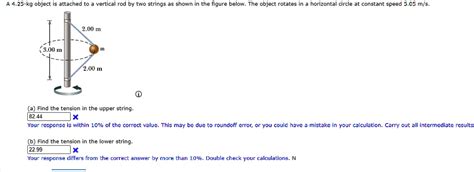 425 Kg Object Is Attached To Vertical Rod By Two Strings As Shown In The Figure Below The Object