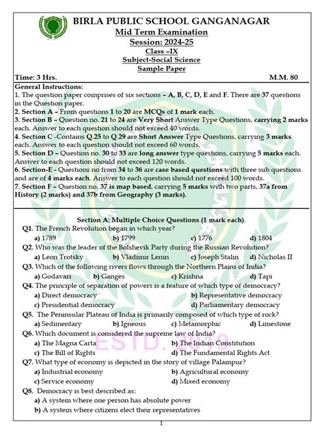 Grade 9 Sst Sample Paper 2024 25 Q Pdf