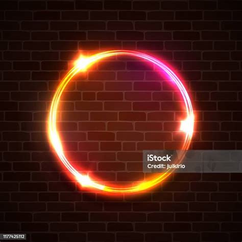 기술 빛나는 둥근 빛 배경 어두운 벽돌 벽에 네온 원 카지노 나이트 클럽 카페 나이트 바 디자인을위한 그래픽 개념 핑크 레드 옐로우 럭셔리 반지 밝은 벡터 그림입니다 배경